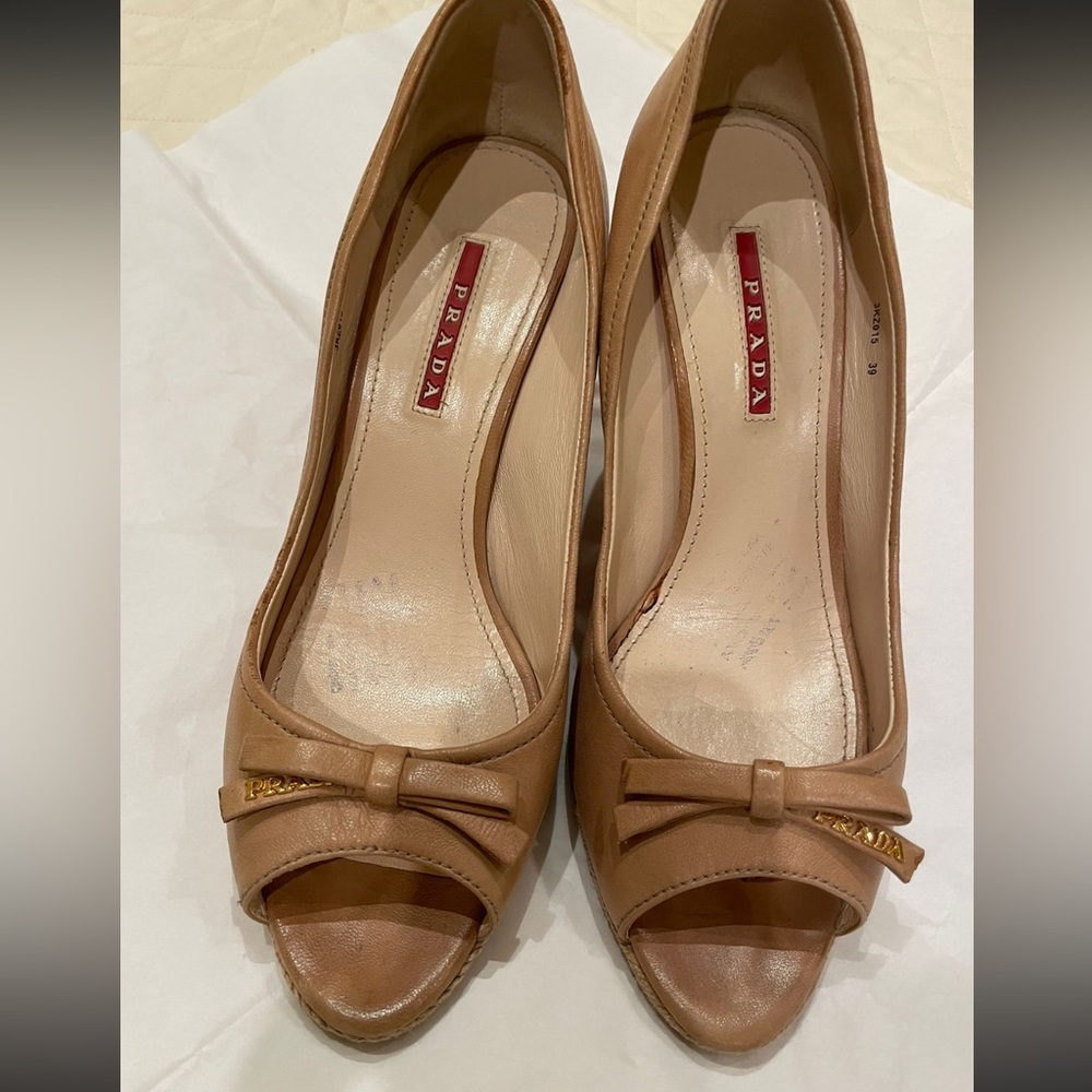 Prada Leather And Cork Nude Wedge With Bow And Trim A… - Gem